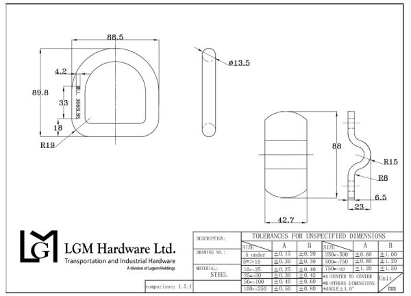 Bent “D” Lashing Ring - 1/2" Weld on